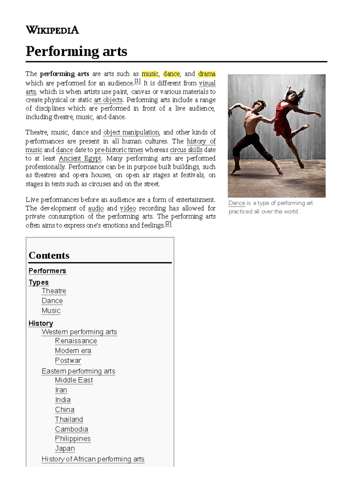 Performing arts lecture note - Dance is a type of performing art ...