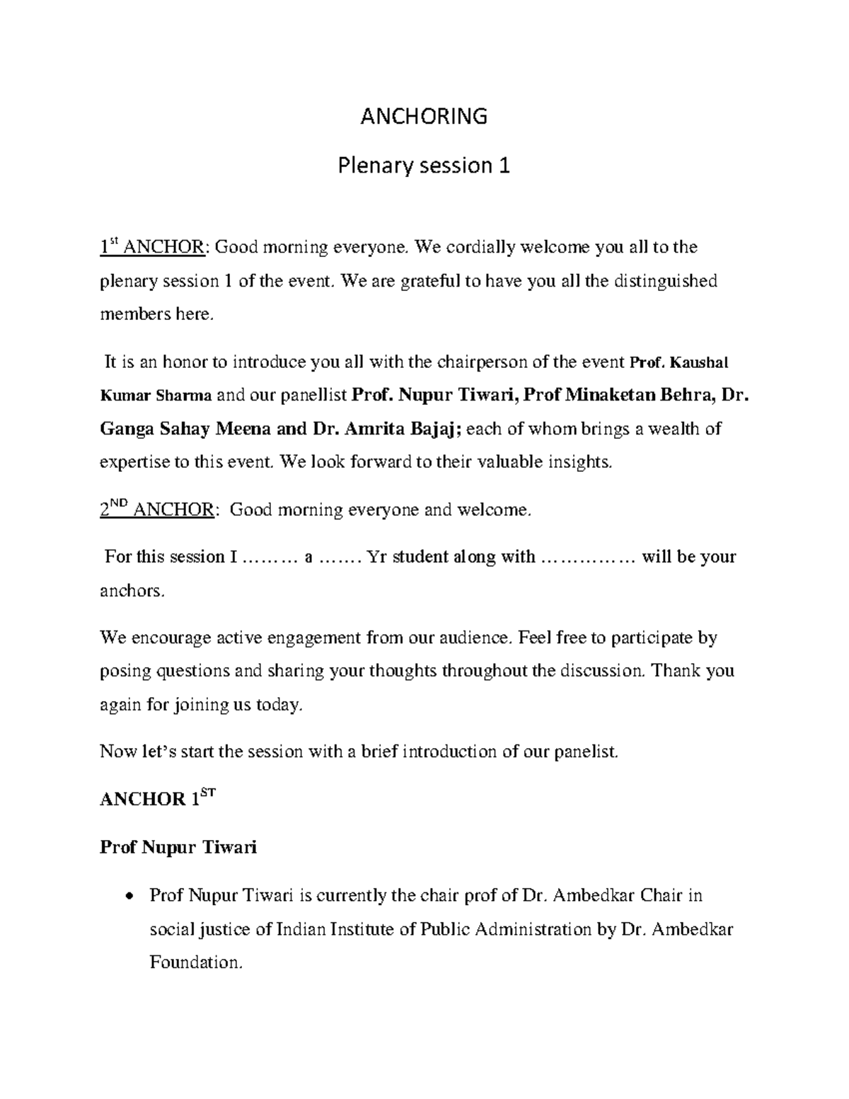 Plenary Session DAY 1 Anchoring - ANCHORING Plenary session 1 1 st ...