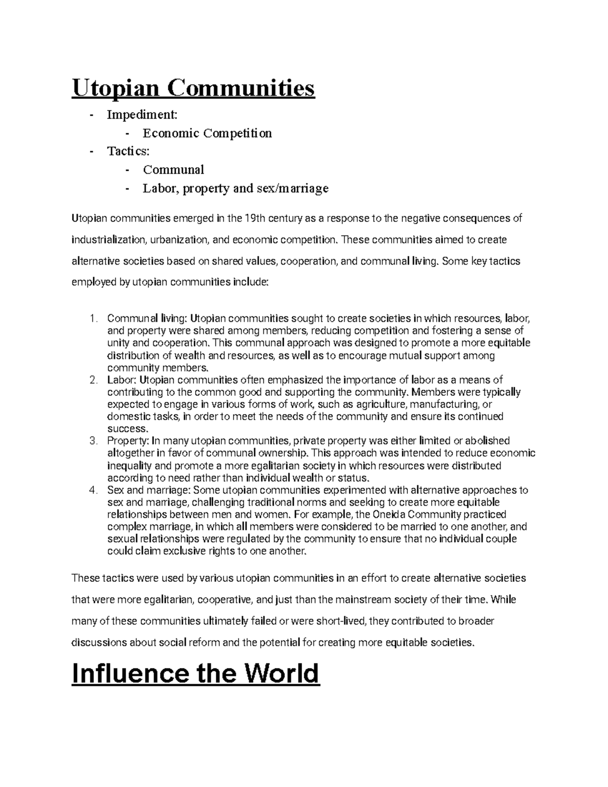 Utopian Communities and how it influenced the world Key Questions ...