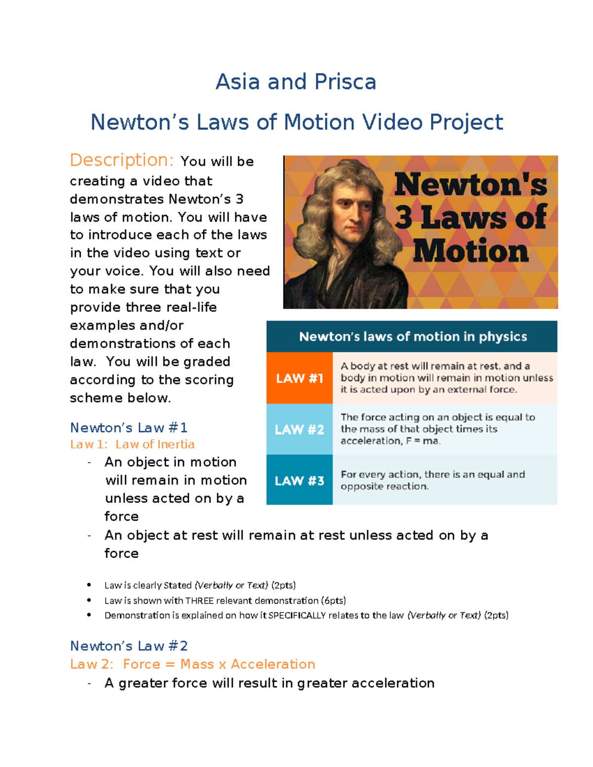 Newtons Lawsof Motion Video Project - Asia and Prisca Newton’s Laws of ...