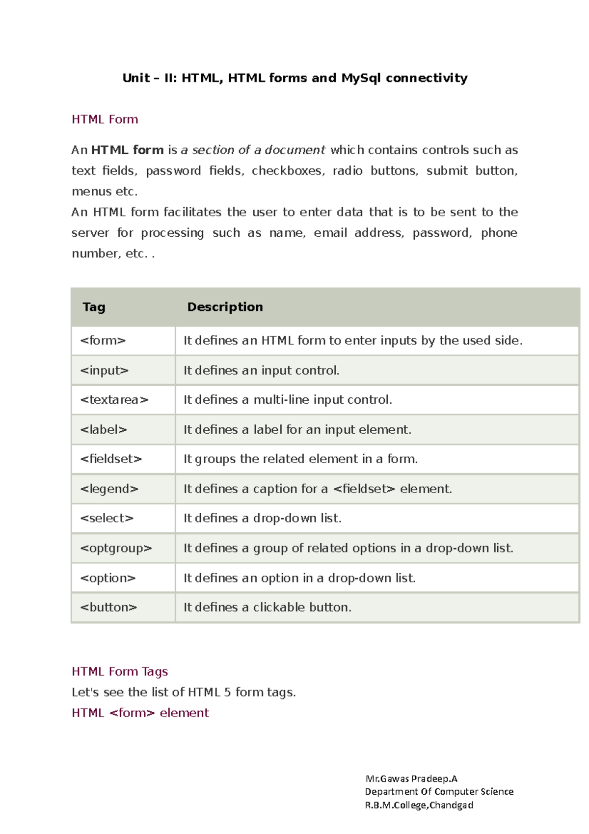 UNIT-II PHP 2022 New - Unit – II: HTML, HTML forms and MySql ...