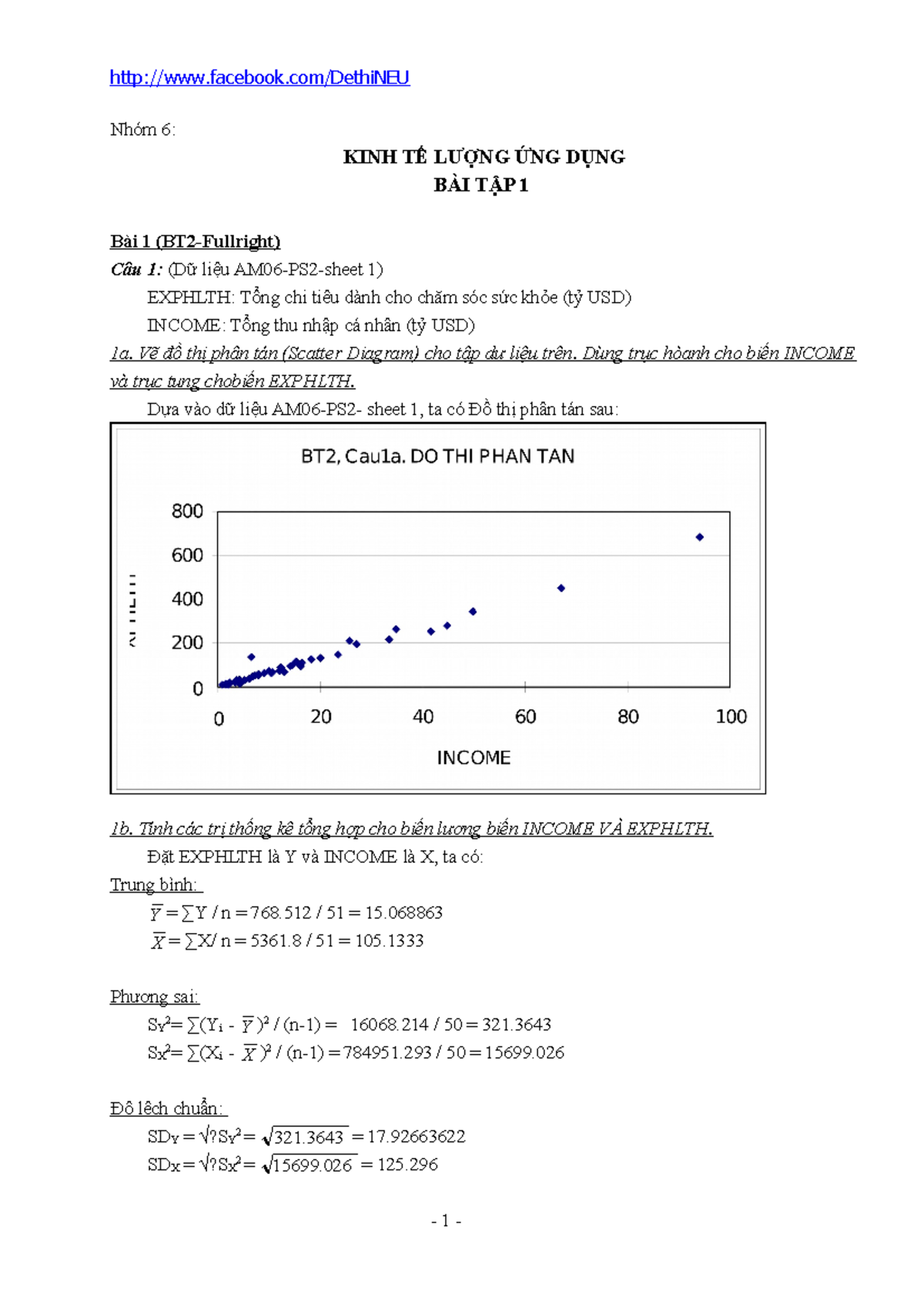 BAI TAP1 KTL - Toán kinh tế - Nhóm 6: KINH TẾ LƯỢNG ỨNG DỤNG BÀI TẬP 1 Bài 1 (BT2-Fullright) Câu ...