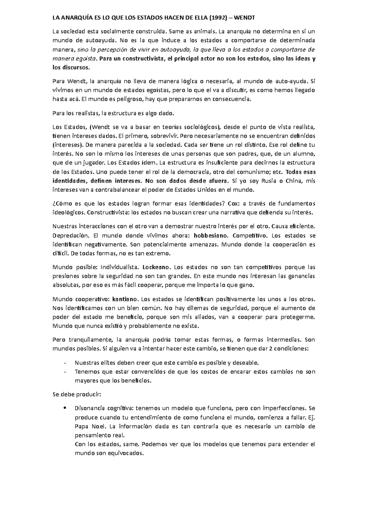 Wendt- anarchy is what states make of - LA ES LO QUE LOS ESTADOS HACEN ...