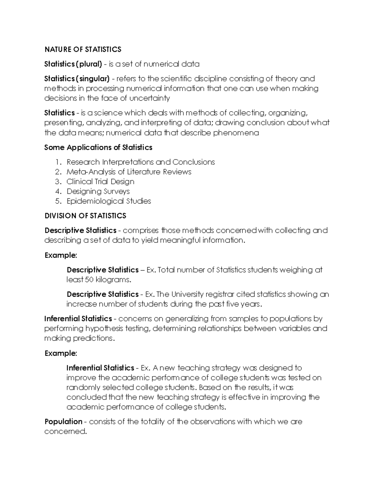 STS Notes - NATURE OF STATISTICS Statistics (plural) - is a set of ...