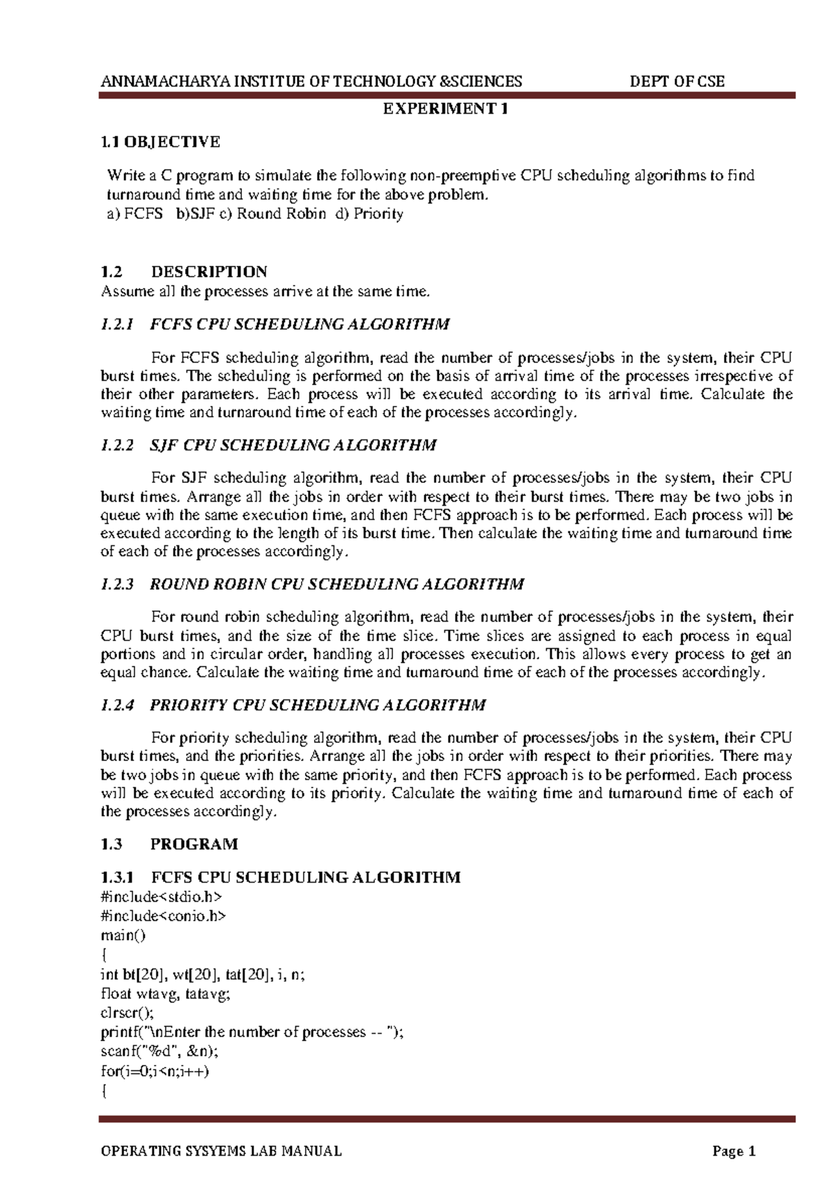 OS LAB Manual 2 - EXPERIMENT 1 1 .1 OBJECTIVE Write a C program to simulate the following - Studocu