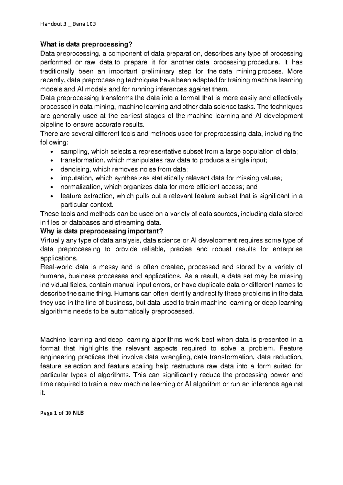 Data Preprocessing Bana 103 Handout 1 What Is Data Preprocessing