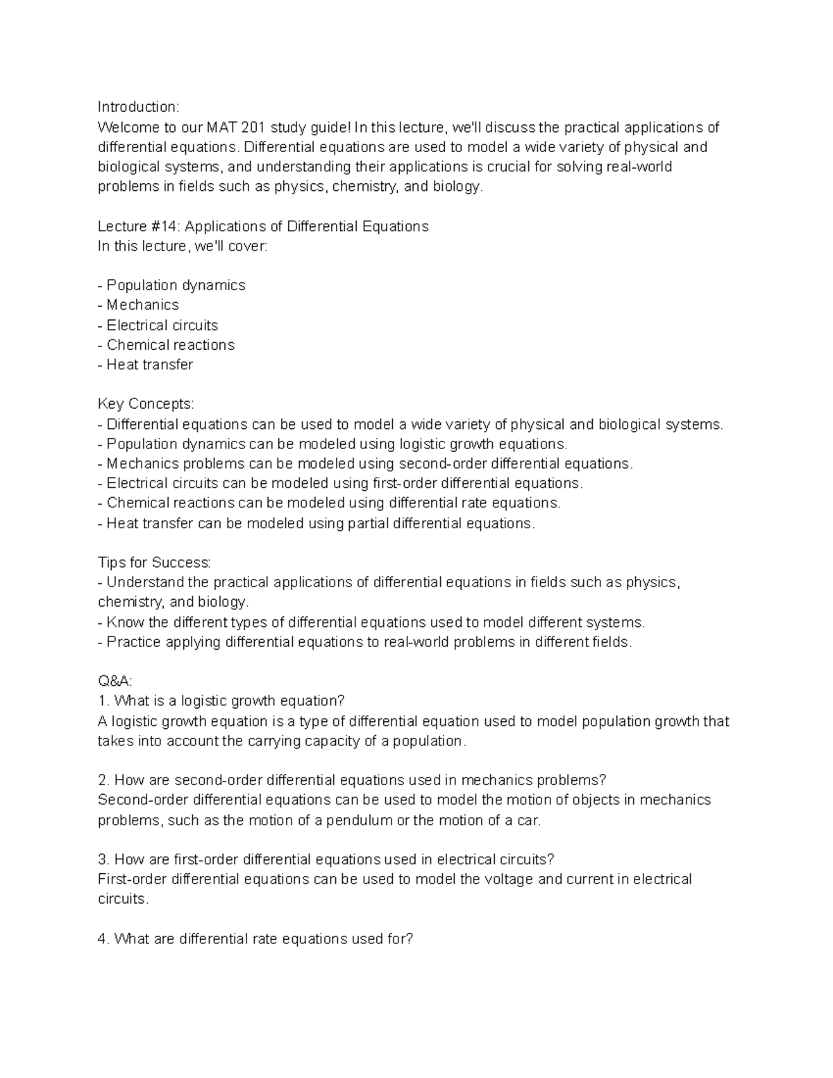 MAT 201 Study Guide Lecture #14 - Applications of Differential ...