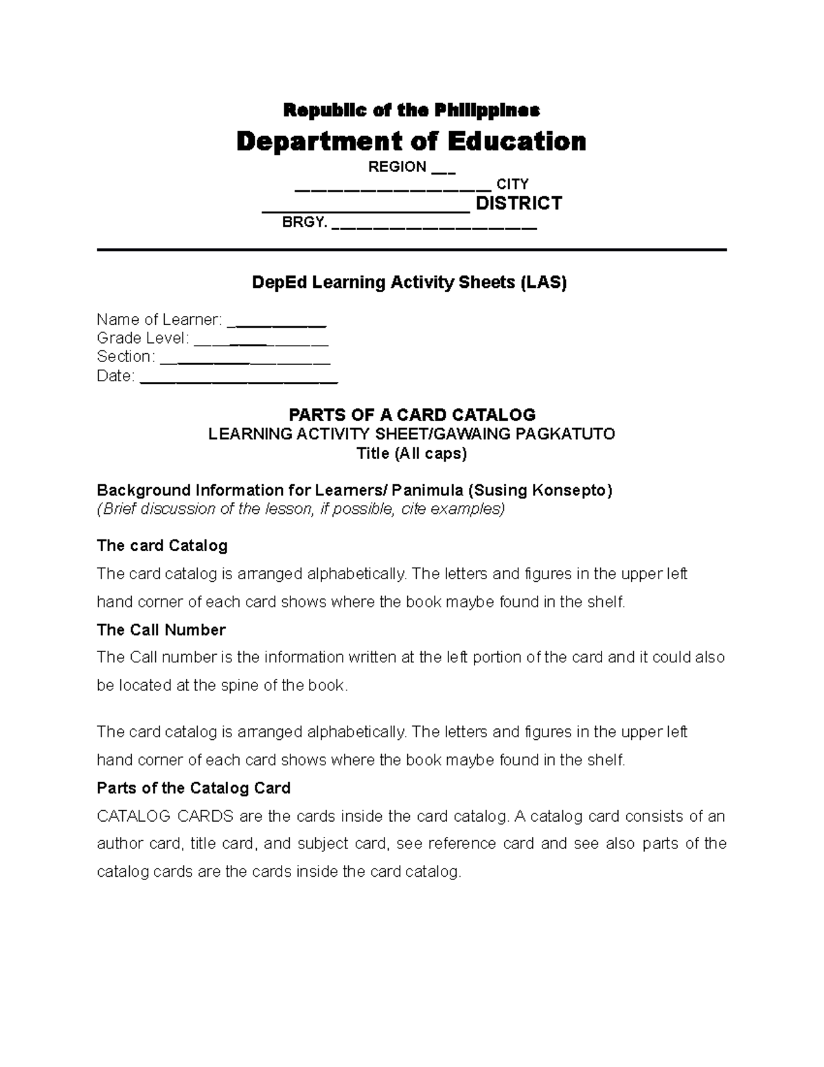 Learning Activity Sheet Sample - Republic of the Philippines Department ...