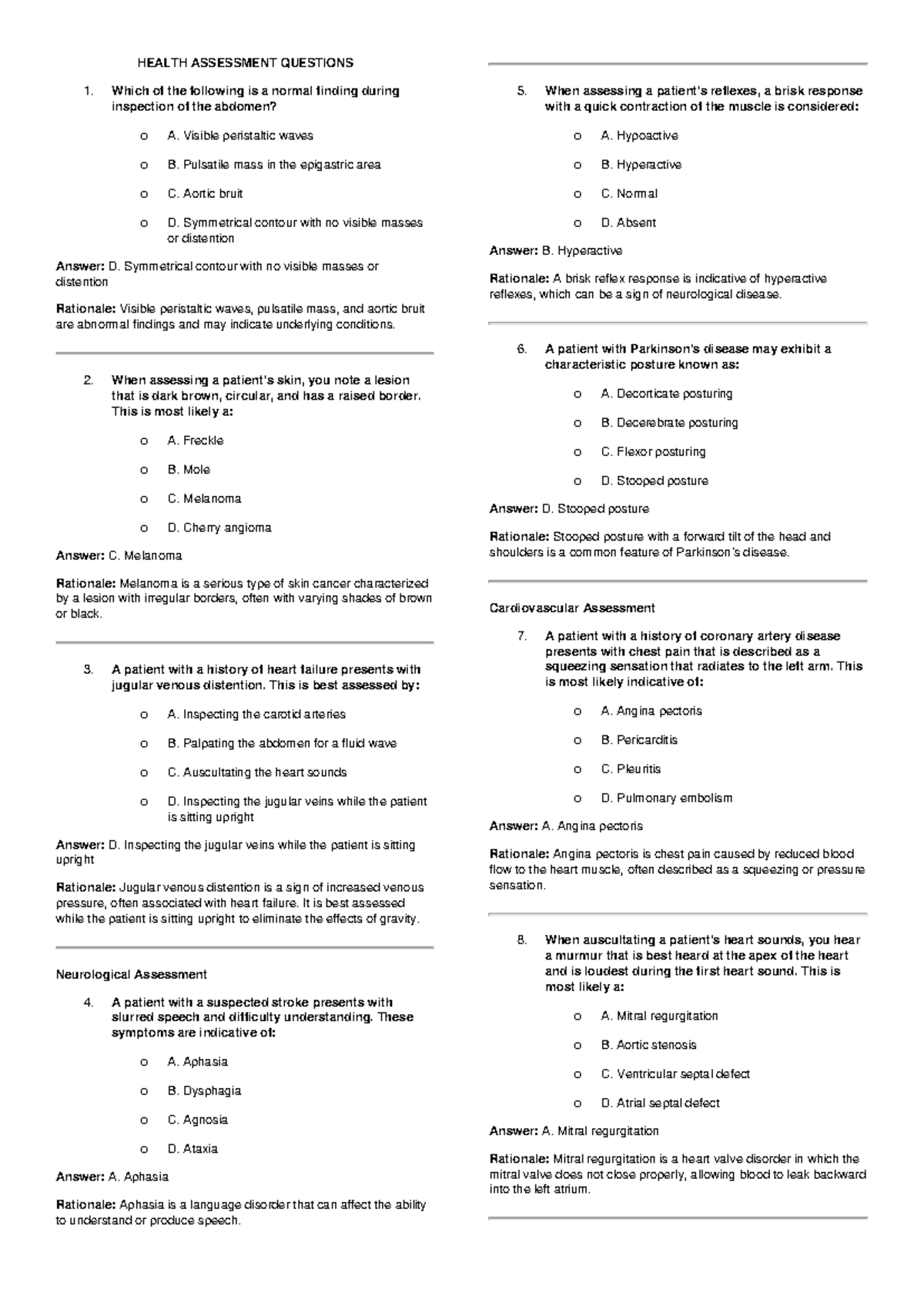 Health Assessment Practice Questions - HEALTH ASSESSMENT QUESTIONS 1 ...