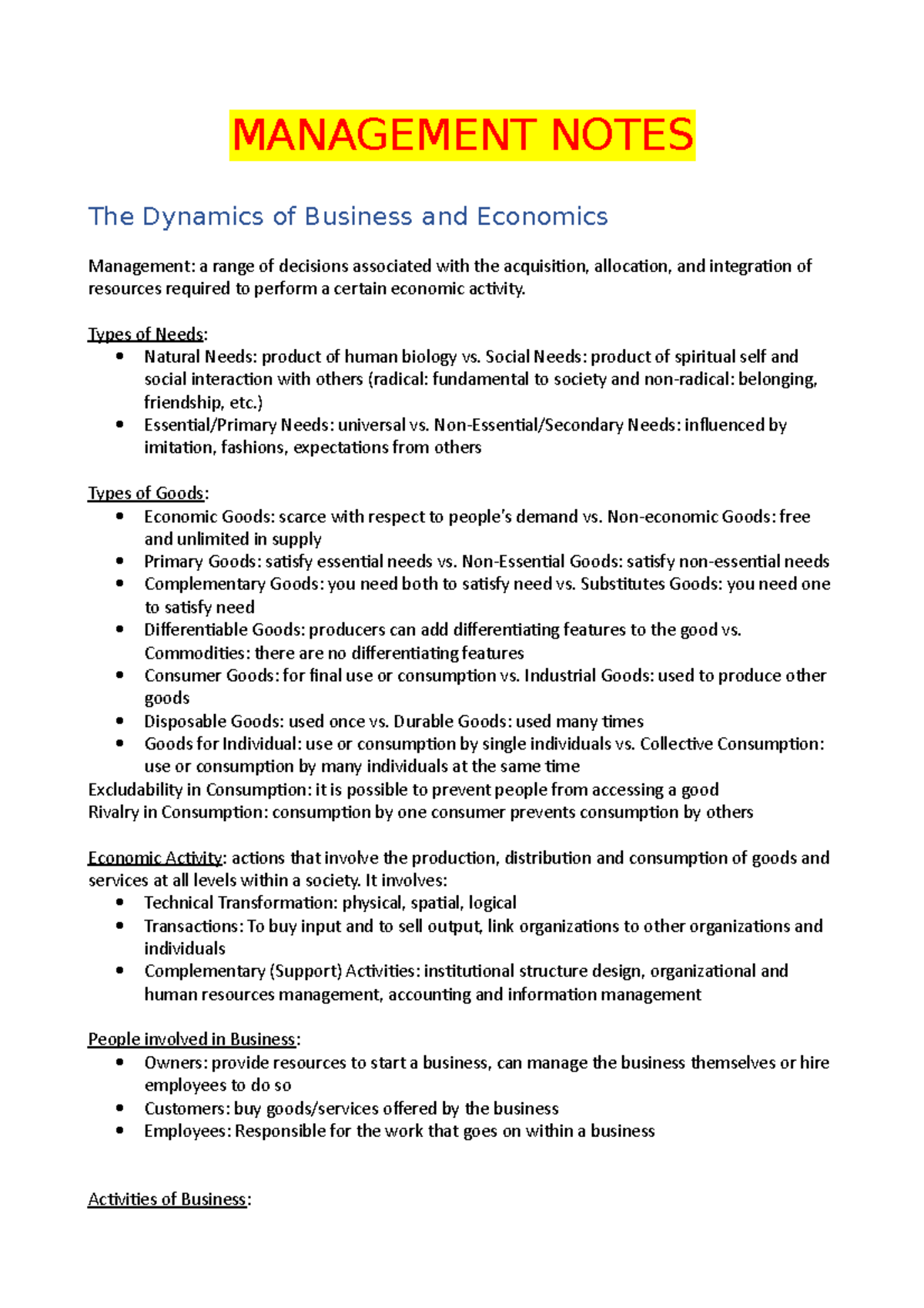 Management Schemes - MANAGEMENT NOTES The Dynamics of Business and ...