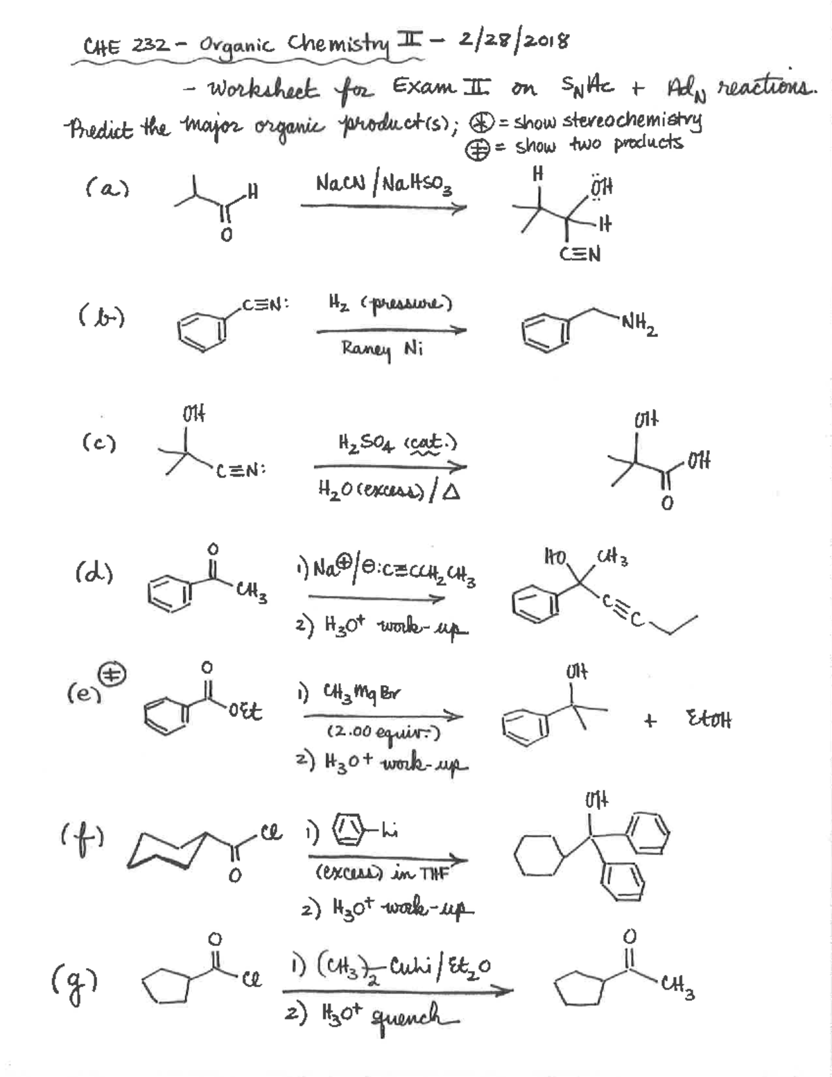 CHE 232 - Worksheet on SNAc and Ad N Reactions – 2 - LIB 111 - Studocu
