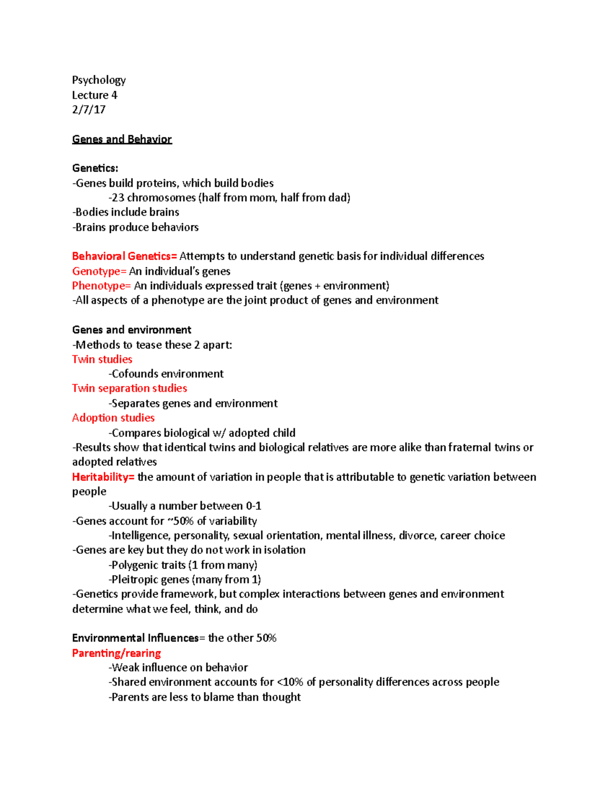 Lecture 4 - Psychology Lecture 4 2/7/ Genes and Behavior Genetics ...