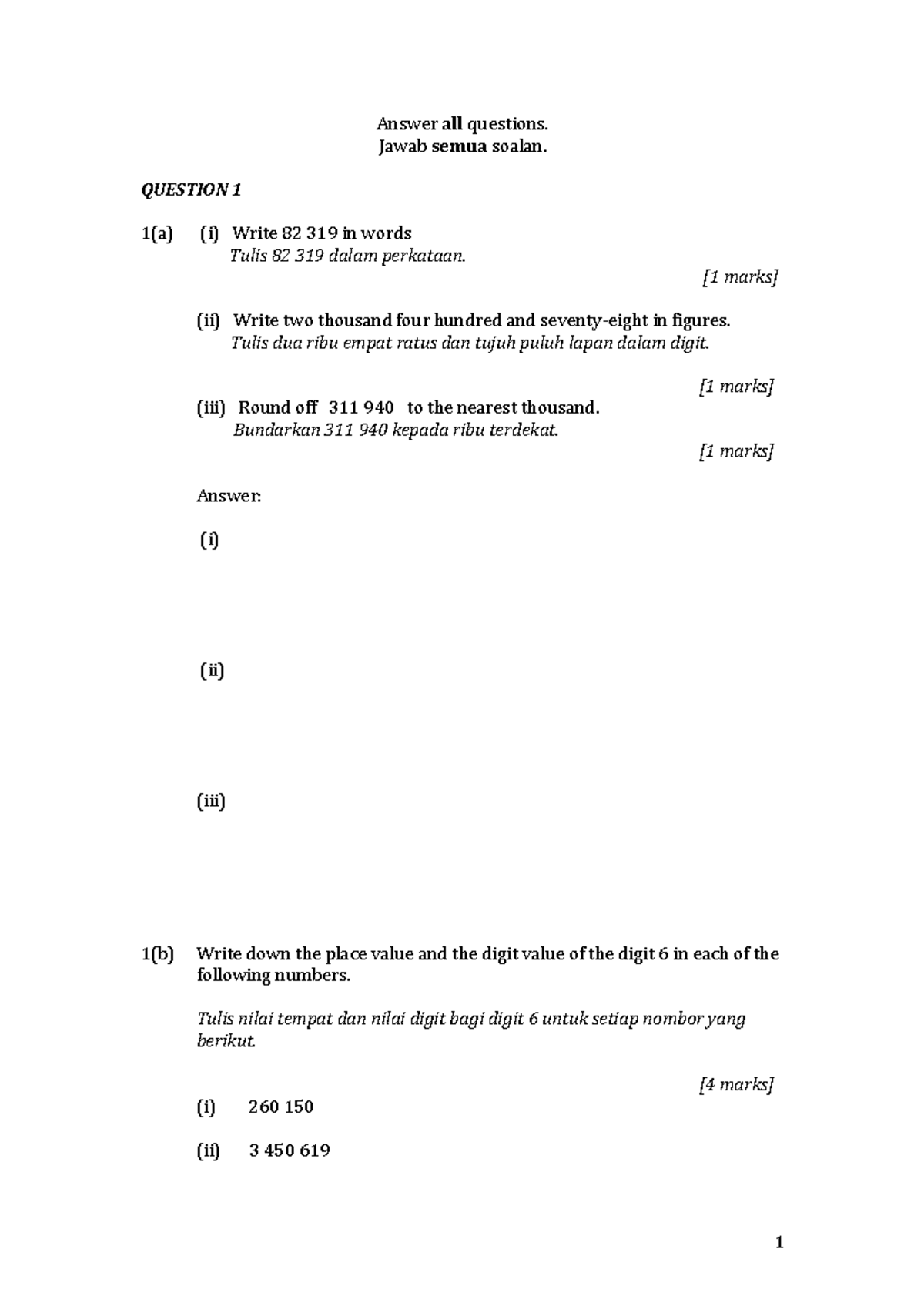 Ujian akhir tahun matematik tingkatan 1 kssm k2 set2 - Answer all ...