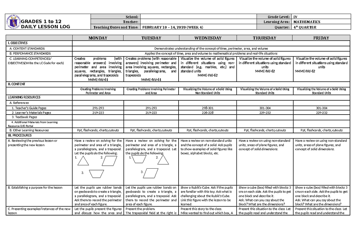 DLL Mathematics 4 Q4 W4 - for practice - GRADES 1 to 12 DAILY LESSON ...