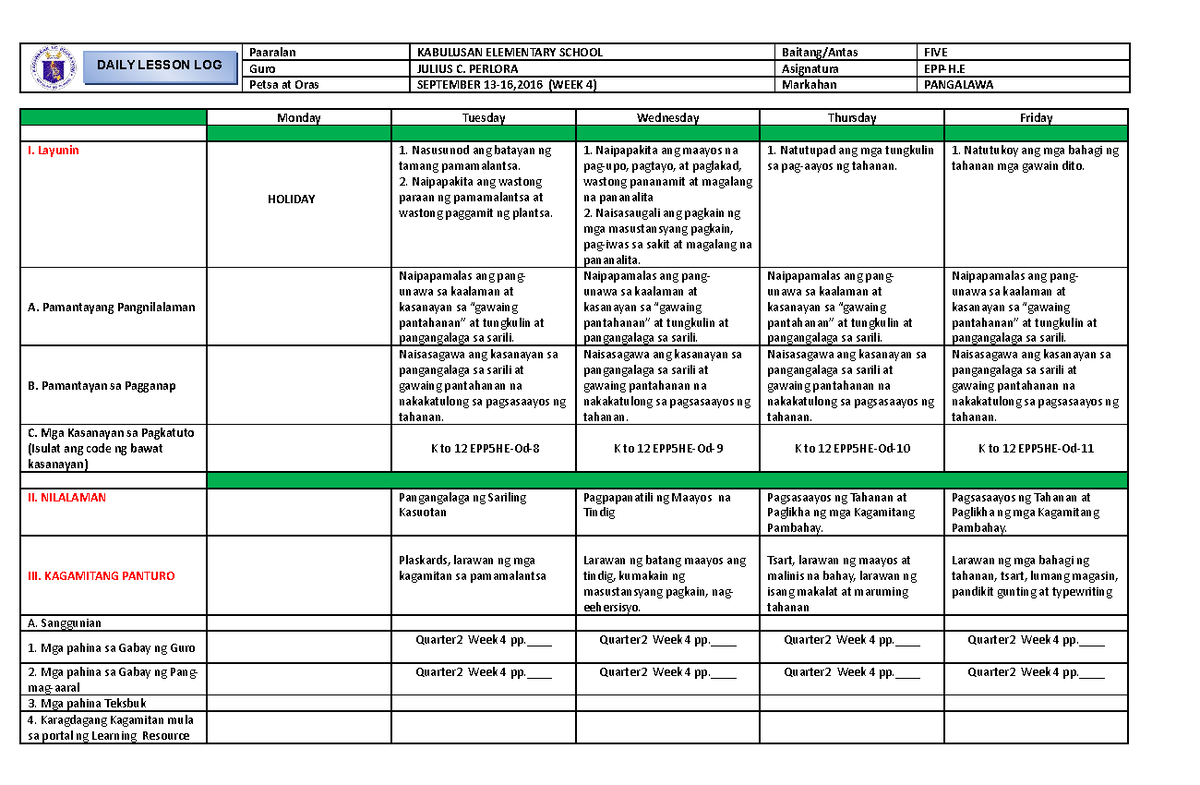 DLL EPP-HE5 Quarter 2 WEEK4 - Paaralan KABULUSAN ELEMENTARY SCHOOL ...