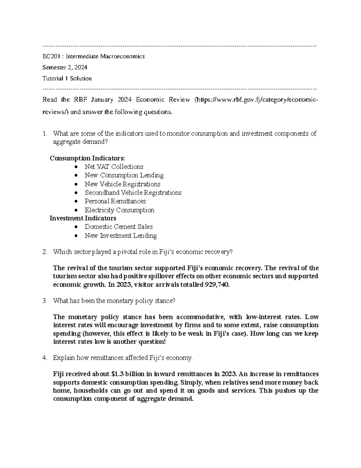 Tutorial 1 - Solution. - EC 2 01 : Intermediate Macroeconomics Semester 2 , 2024 Tutorial 1 ...