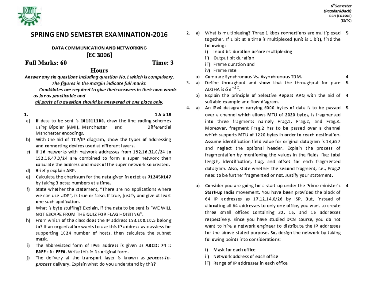 DCN-EC3006- Spring Endsem Question Paper - Data Communication ...