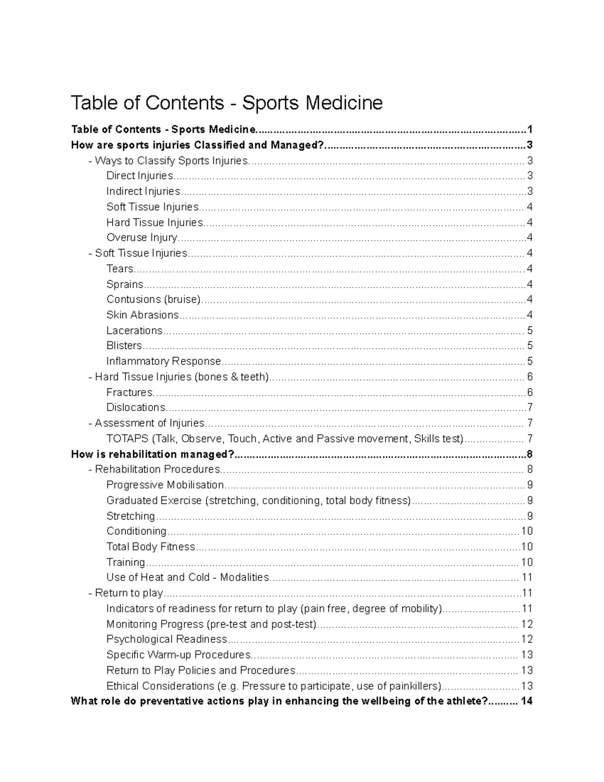 Sports Medicine Notes - Table of Contents - Sports Medicine Table of ...