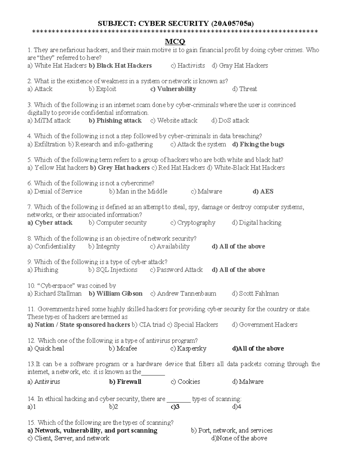 CS MCQ&DESC - SUBJECT: CYBER SECURITY (20A05705a) - Studocu