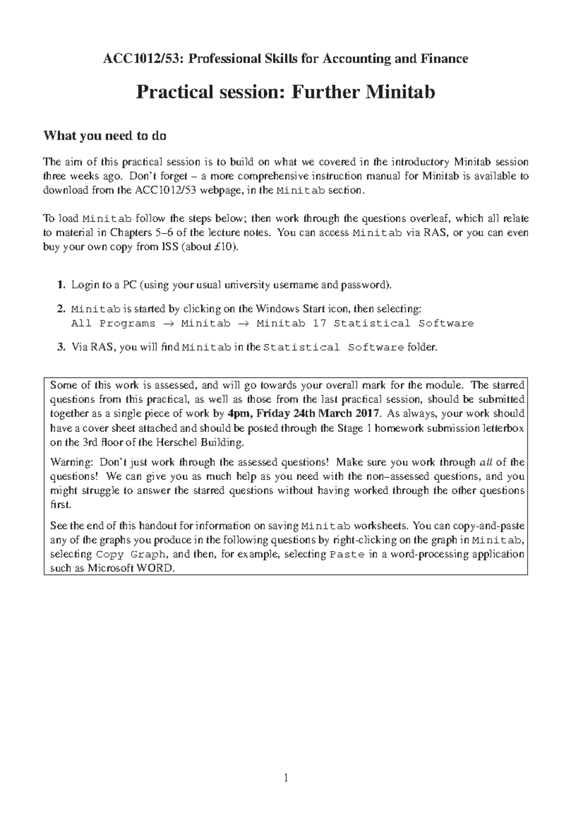 ACC1012 2017-2018 Practical 2 - Further Minitab - ACC1012/53 ...
