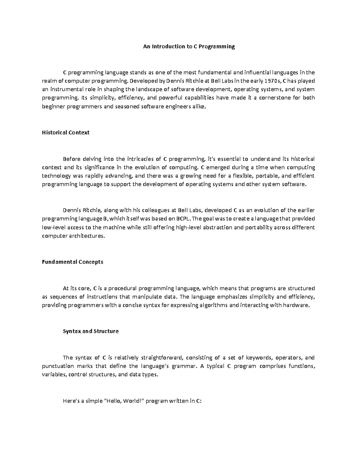 An Introduction to C Programming - Developed by Dennis Ritchie at Bell ...