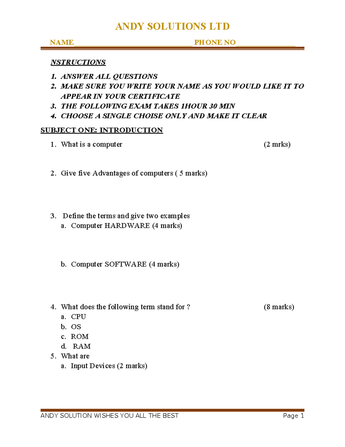 Introduction to computer exam 2024 - ANDY SOLUTIONS LTD NAME