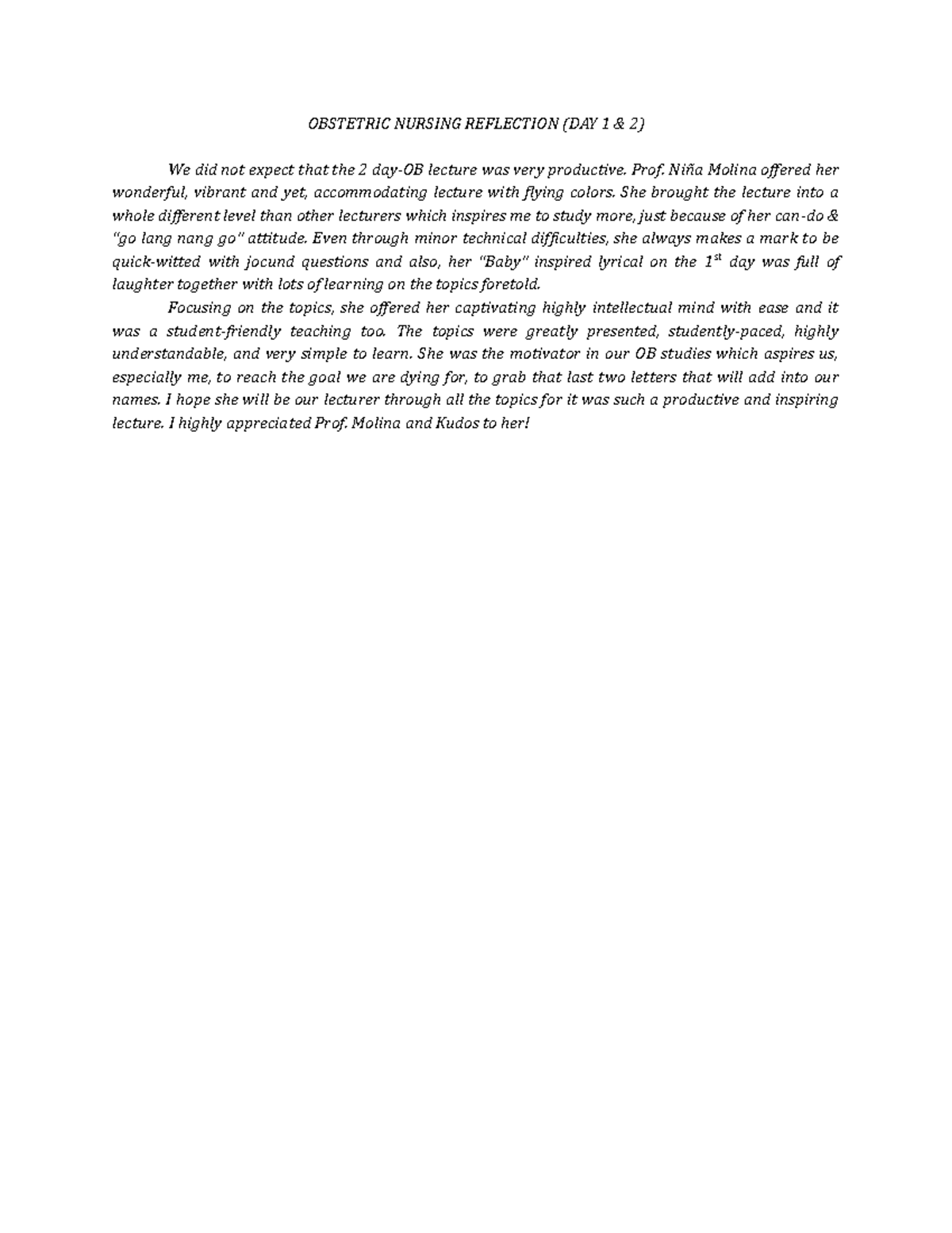 Obstetric- Nursing- Reflection - OBSTETRIC NURSING REFLECTION (DAY 1 ...