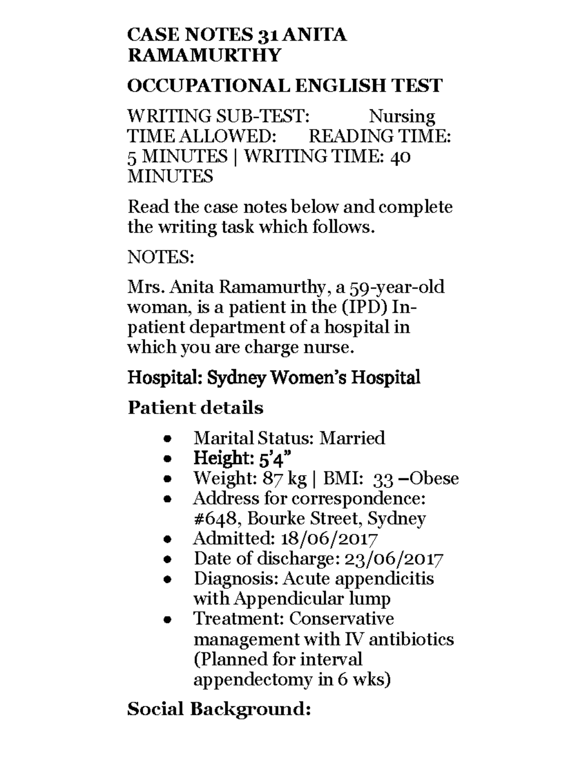 Mrs. Anita Ramamurthy - Oet writing - CASE NOTES 31 ANITA RAMAMURTHY ...