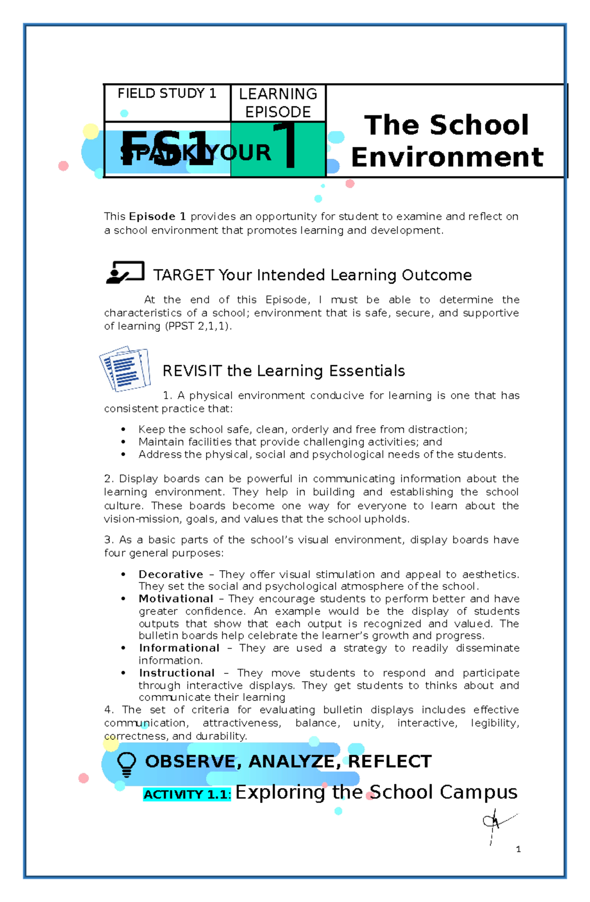 Learning Episode 1-4 - none - FIELD STUDY 1 LEARNING EPISODE The School ...