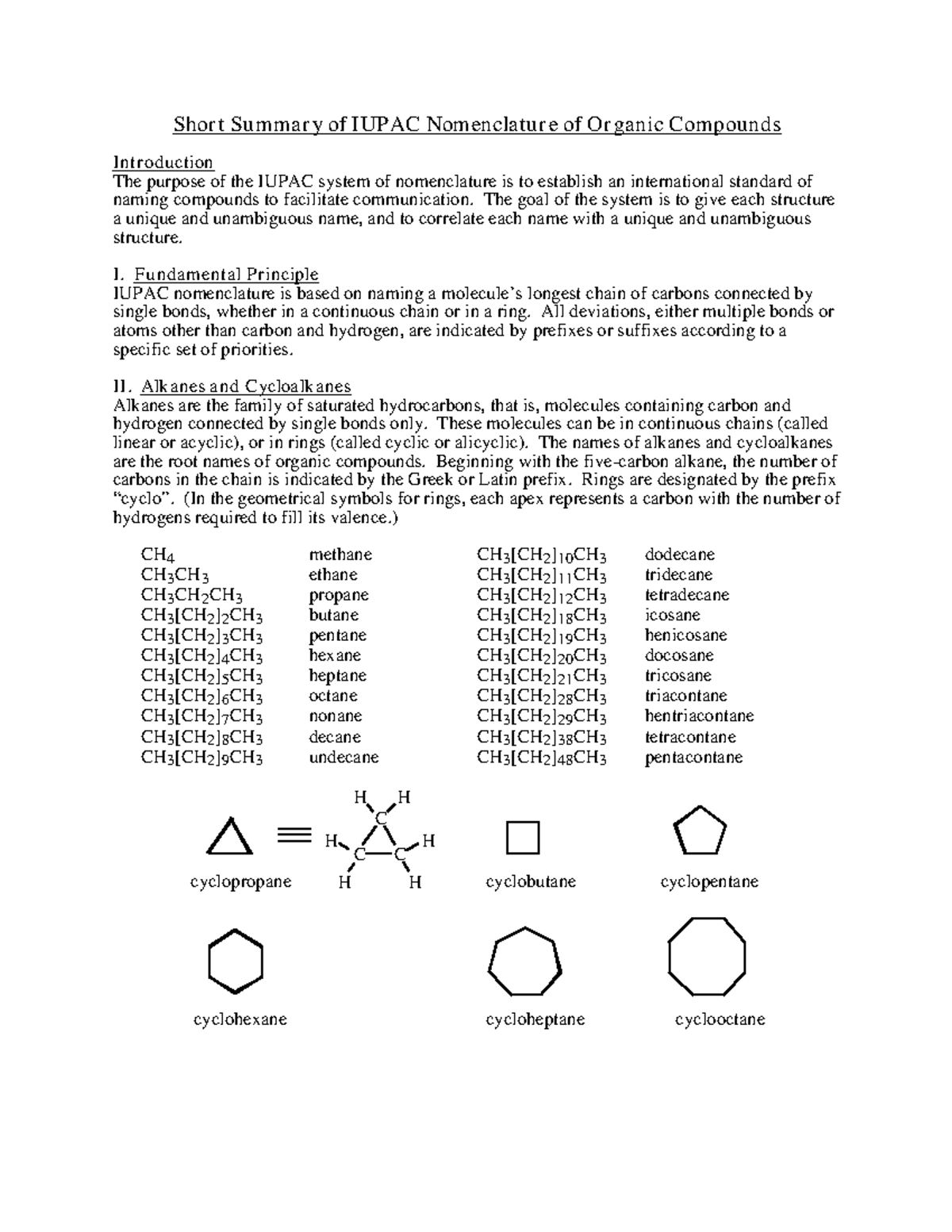 Iupac Naming Handout- Concise naming Rules - Shor t Summar y of IUPAC ...