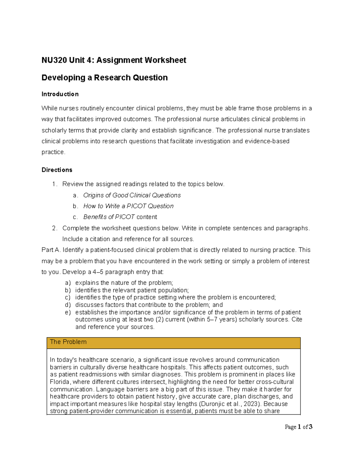 Developing Research Question - NU320 Unit 4: Assignment Worksheet ...