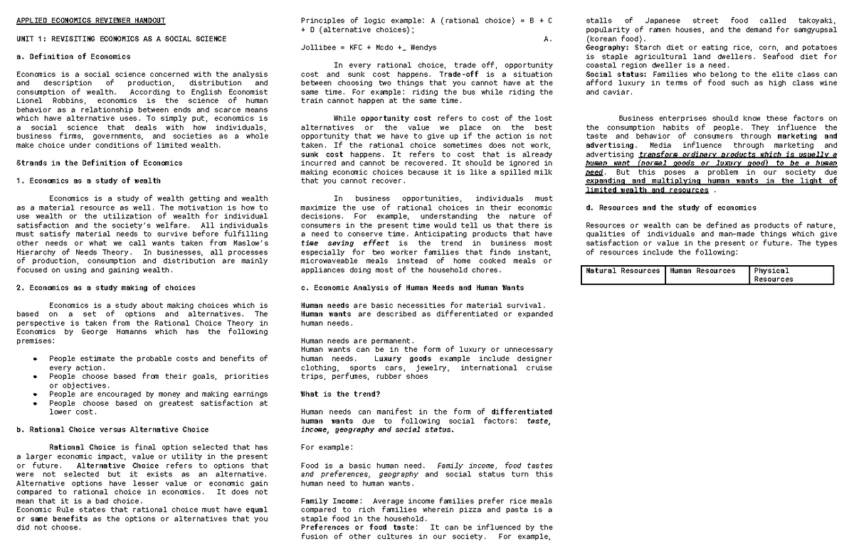 SA #1 Reviewer Handouts Applied Economics - APPLIED ECONOMICS REVIEWER ...