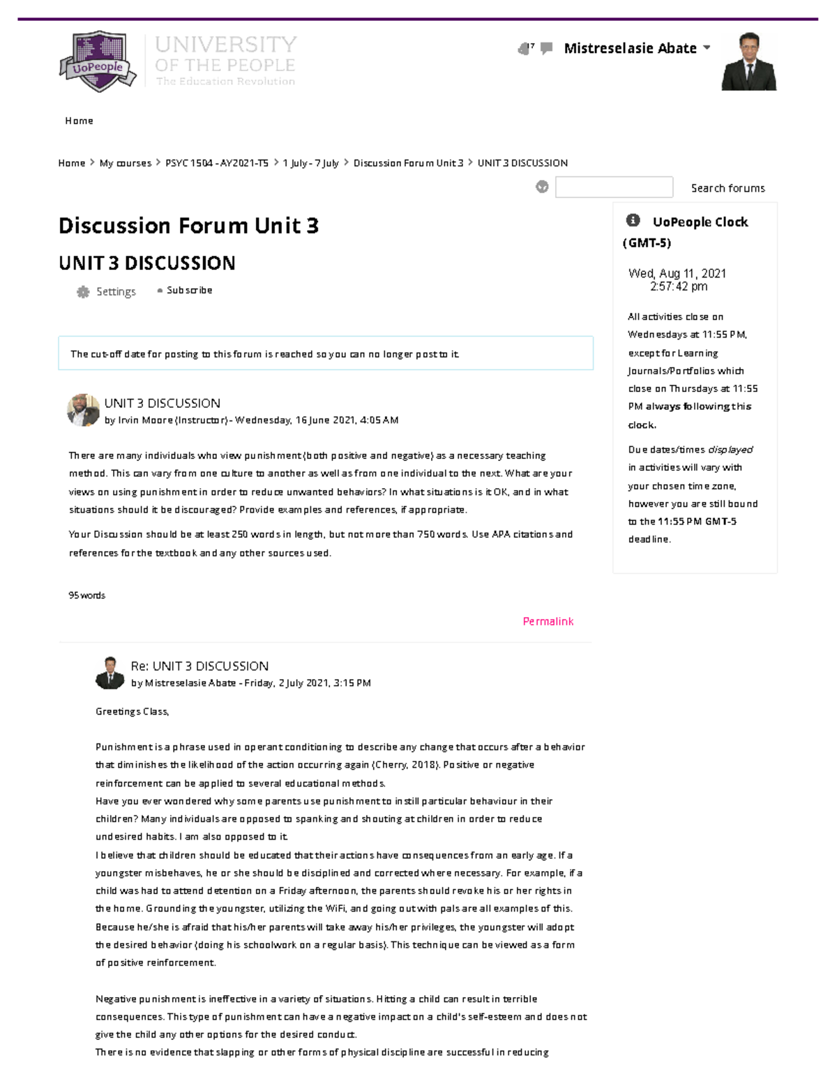 PSYC 1504 - AY2021-T5 UNIT 3 Discussion 14 - Home Discussion Forum Unit 3 UNIT 3 DISCUSSION ...