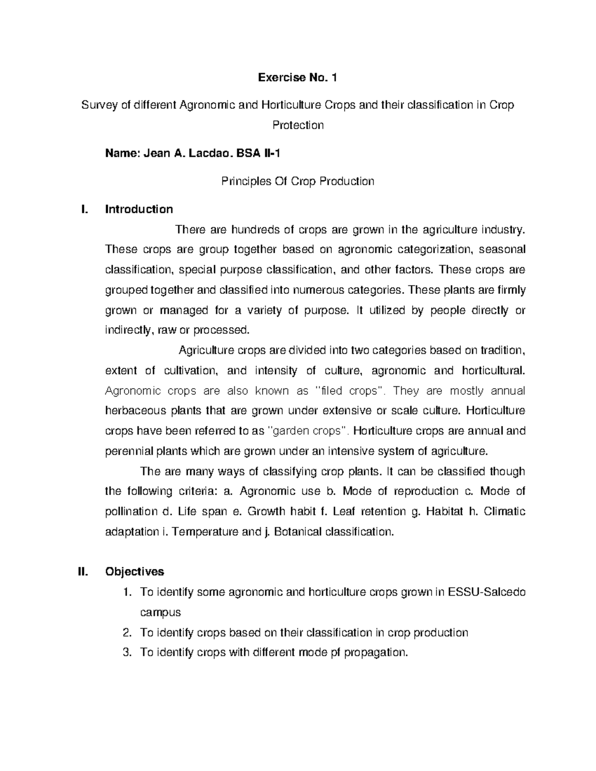 Crop Production exercise - Exercise No. 1 Survey of different Agronomic ...