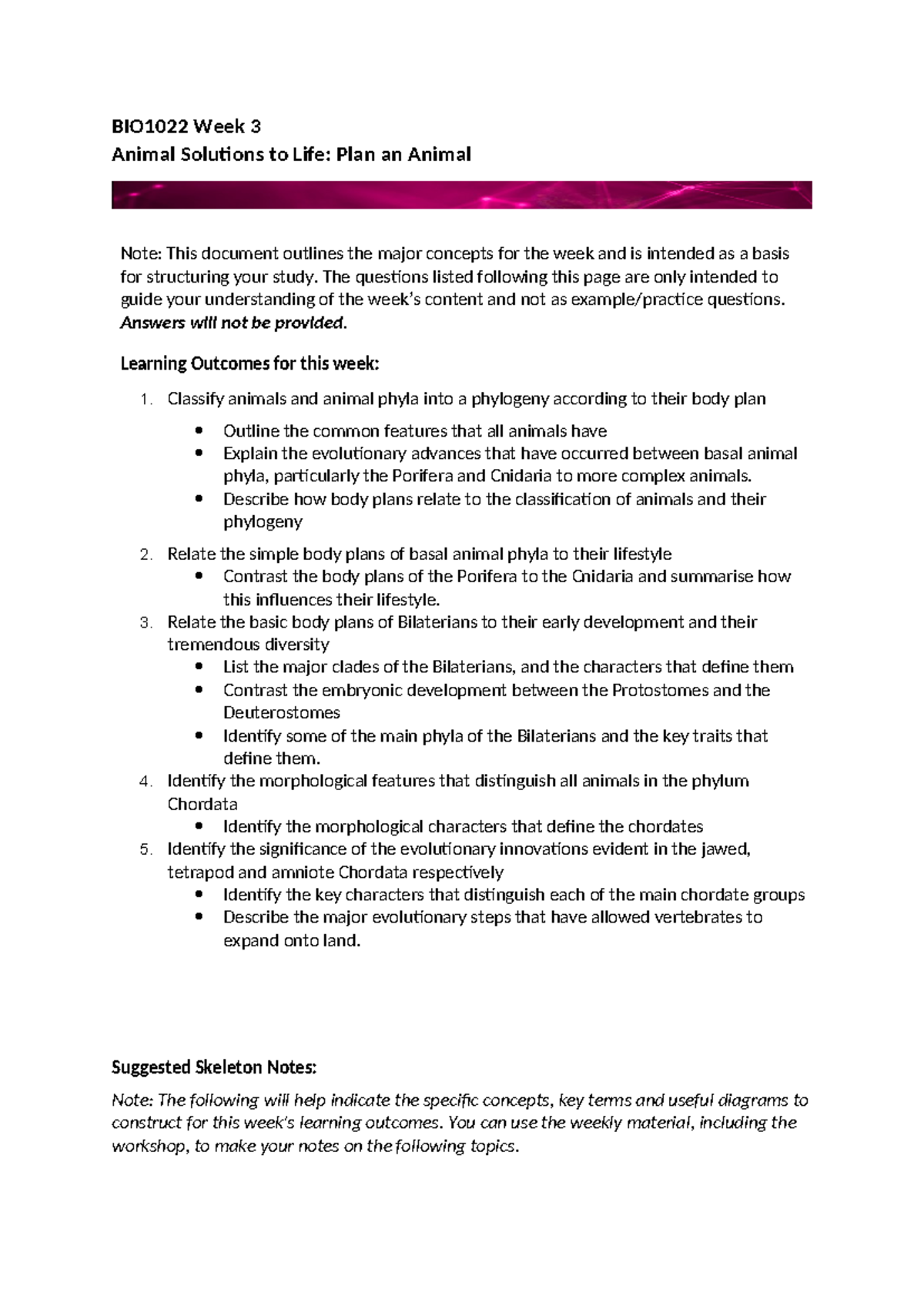 Week 3 Study Guide filled in - BIO1022 Week 3 Animal Solutions to Life ...