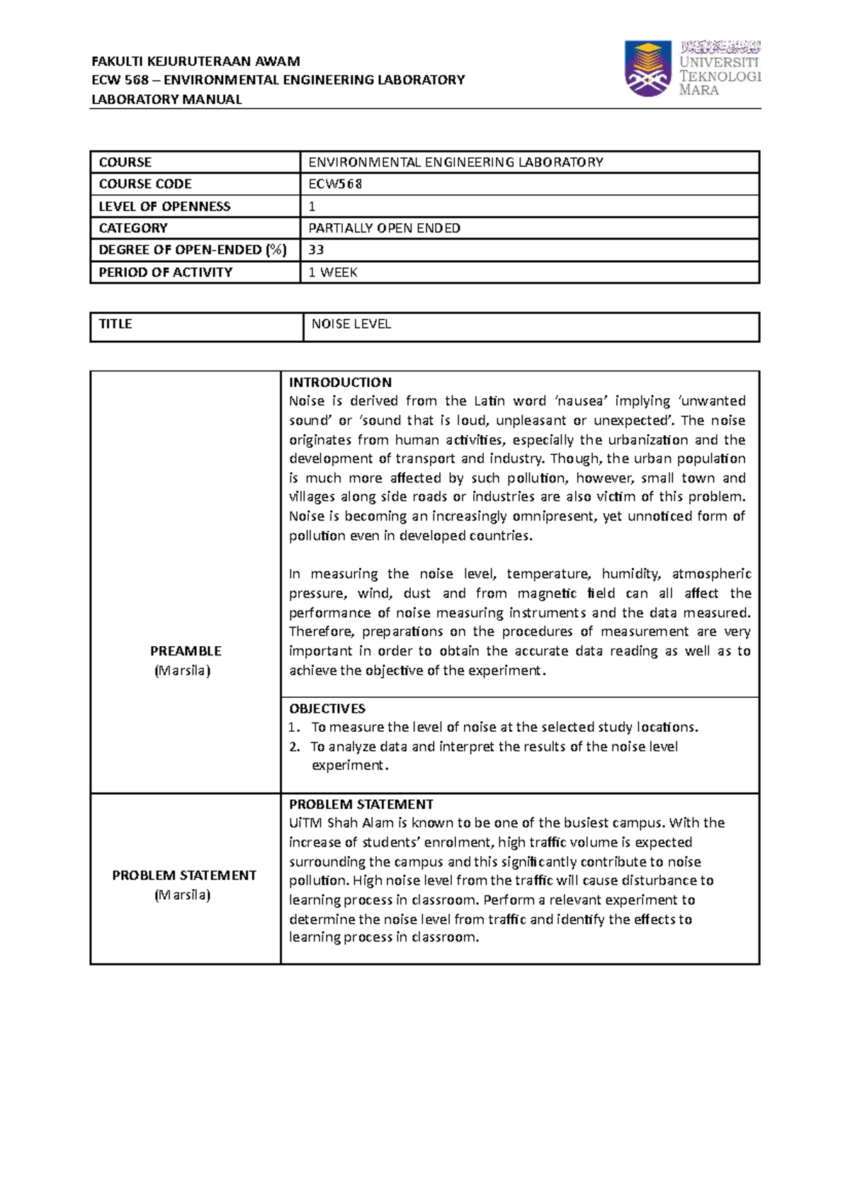 ECG564 FULL LAB Report Noise - COURSE ENVIRONMENTAL ENGINEERING ...