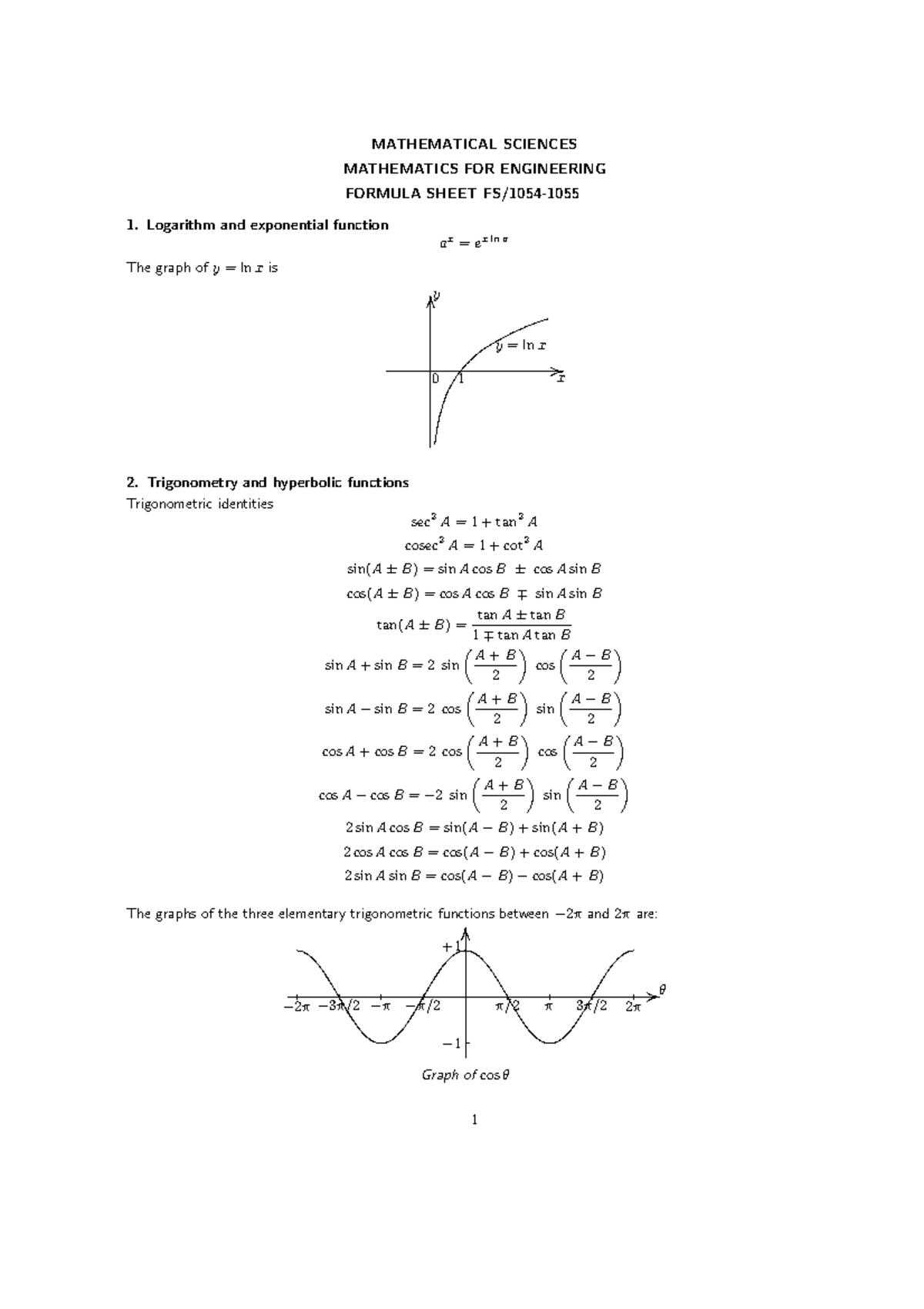 Formula Sheet - MATHEMATICAL SCIENCES MATHEMATICS FOR ENGINEERING ...