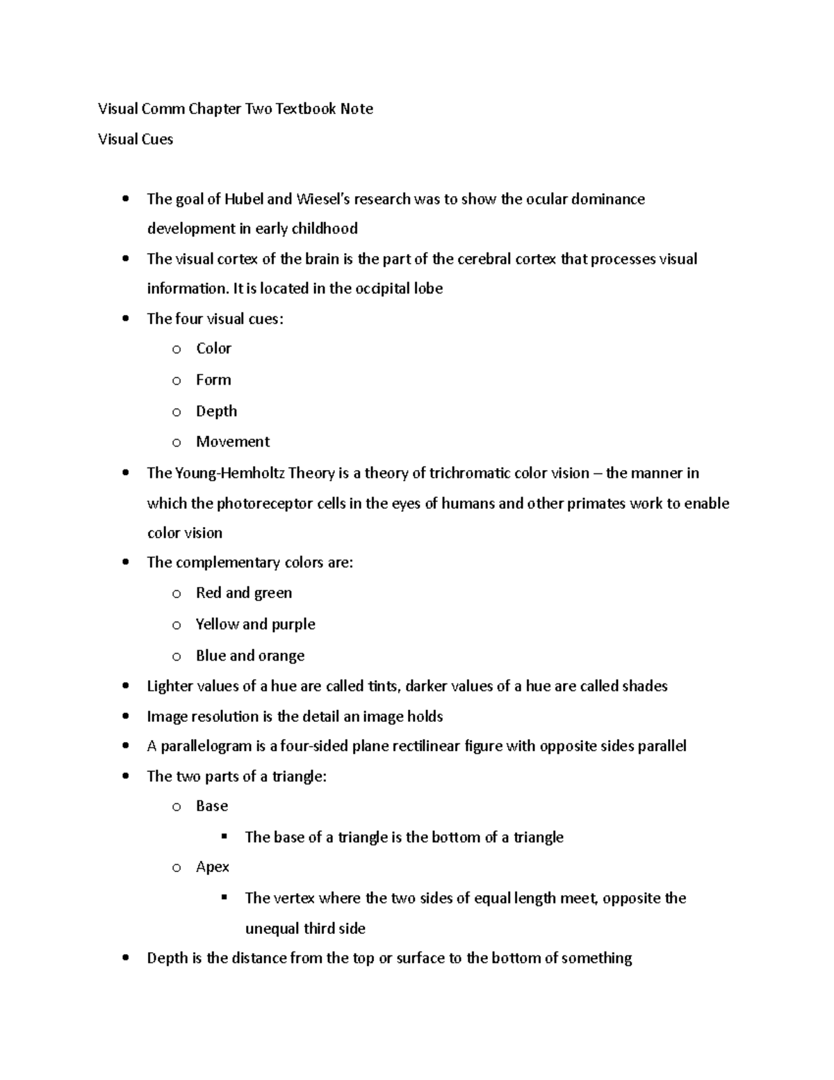 Visual Comm Chapter Two Textbook Note - It is located in the occipital ...