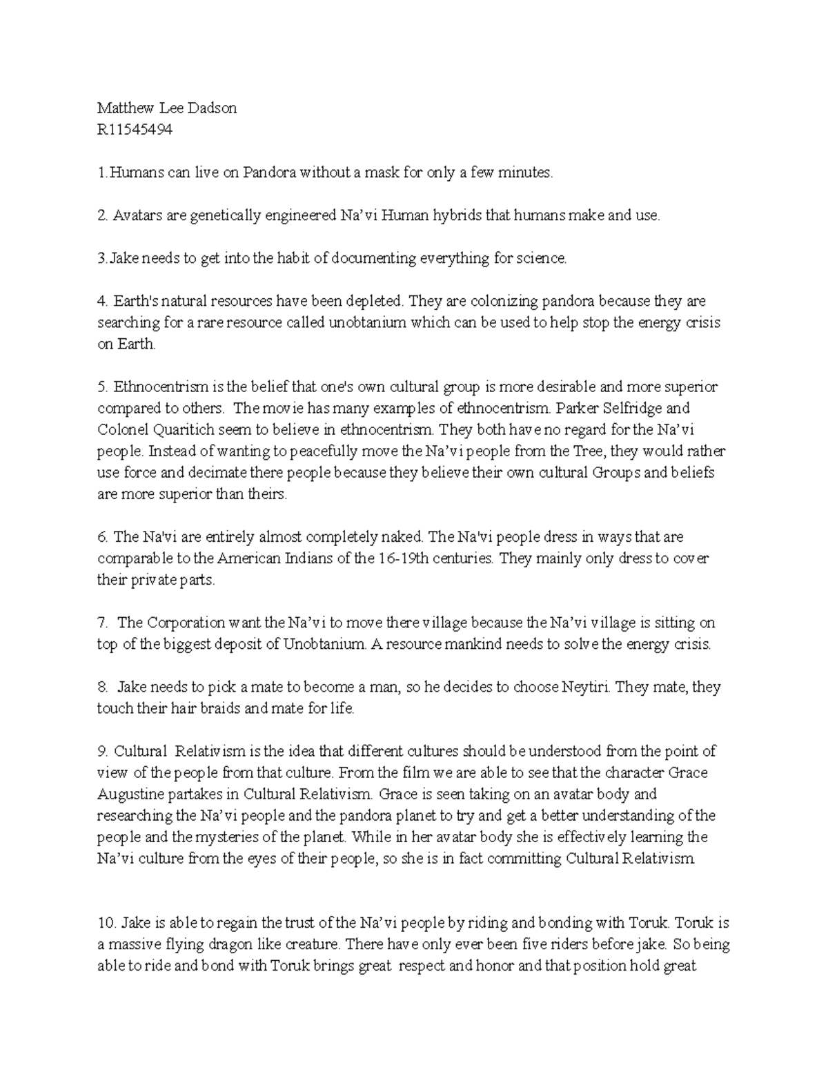 Avatar - Movie notes - Matthew Lee Dadson R 1 can live on Pandora ...