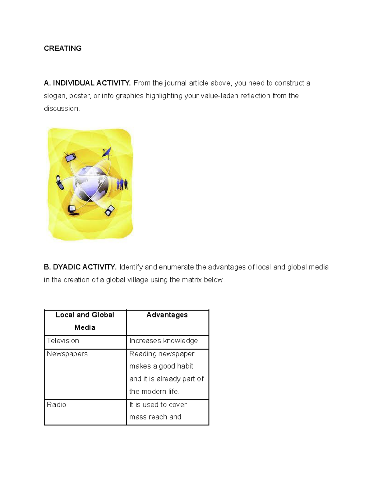 TCDW Week 9-Globalization and Media Activities - CREATING A. INDIVIDUAL ...