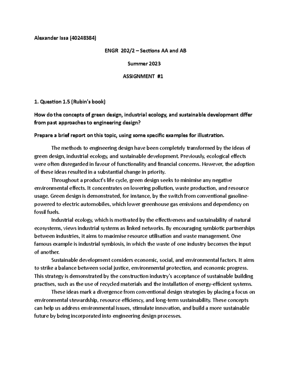 Ass. Number 1 ENGR 202-Summer 2023 - Alexander Issa (40248384) ENGR 202/2 – Sections AA and AB ...