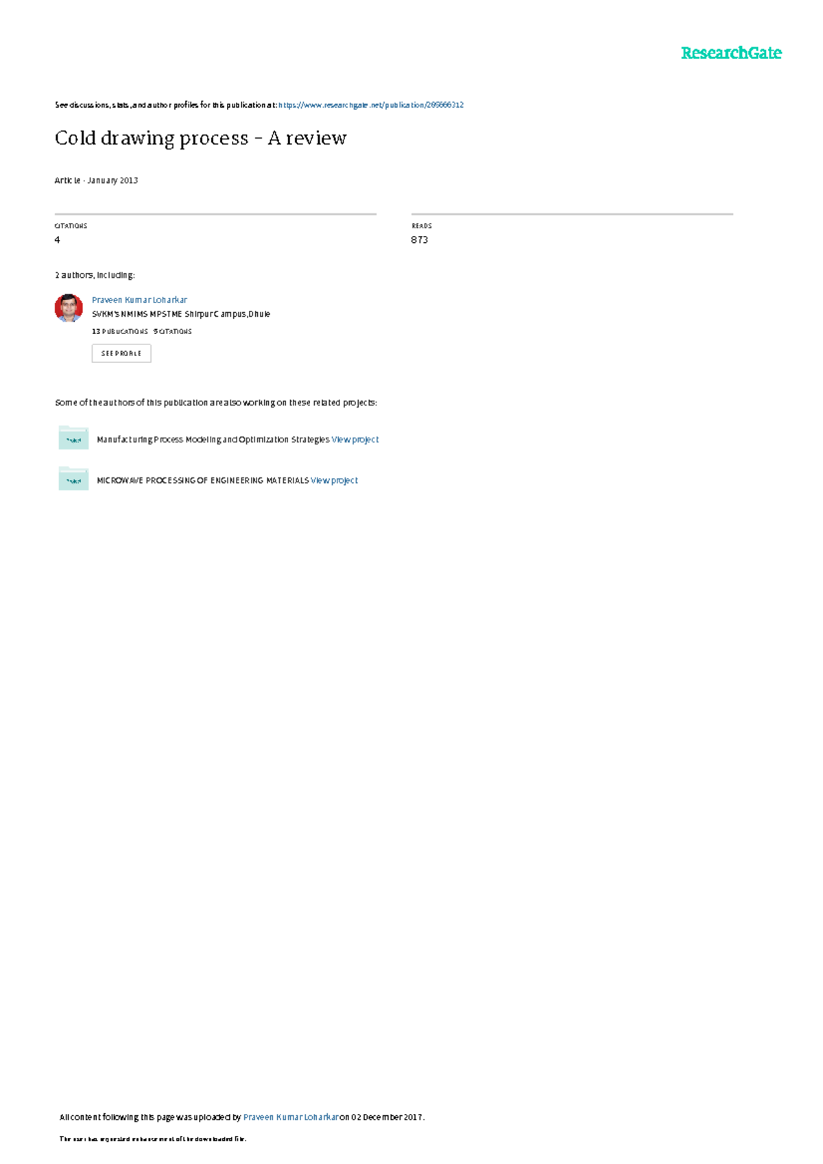Cold drawing process A review - See discussions, stats, and author ...