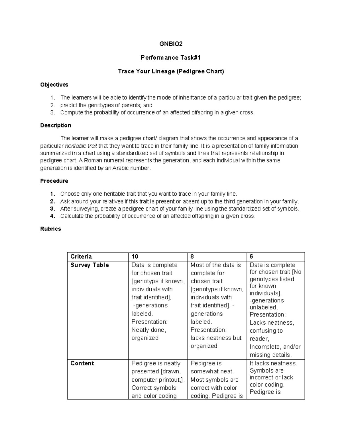 Performance Task 1 -Pedigree Chart - GNBIO Performance Task# Trace Your Lineage (Pedigree Chart ...