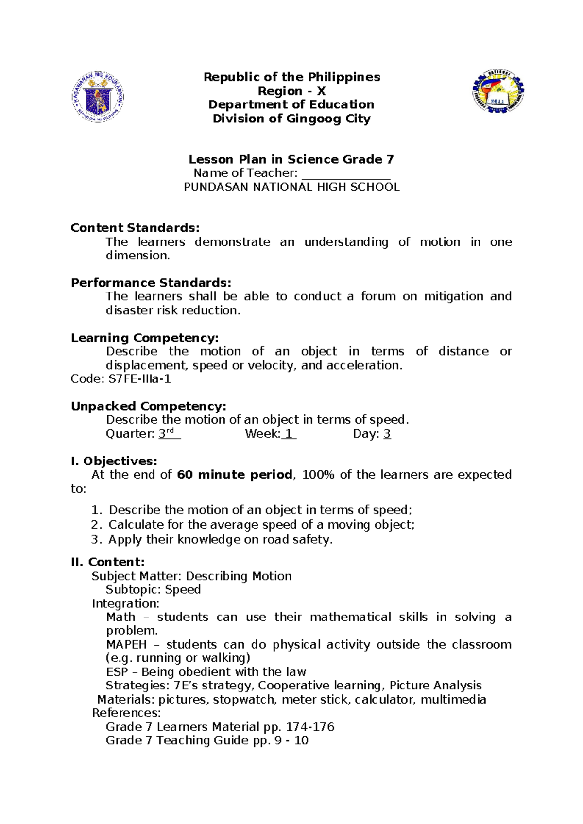 DLP in Science 7 - .............. - Republic of the Philippines Region ...