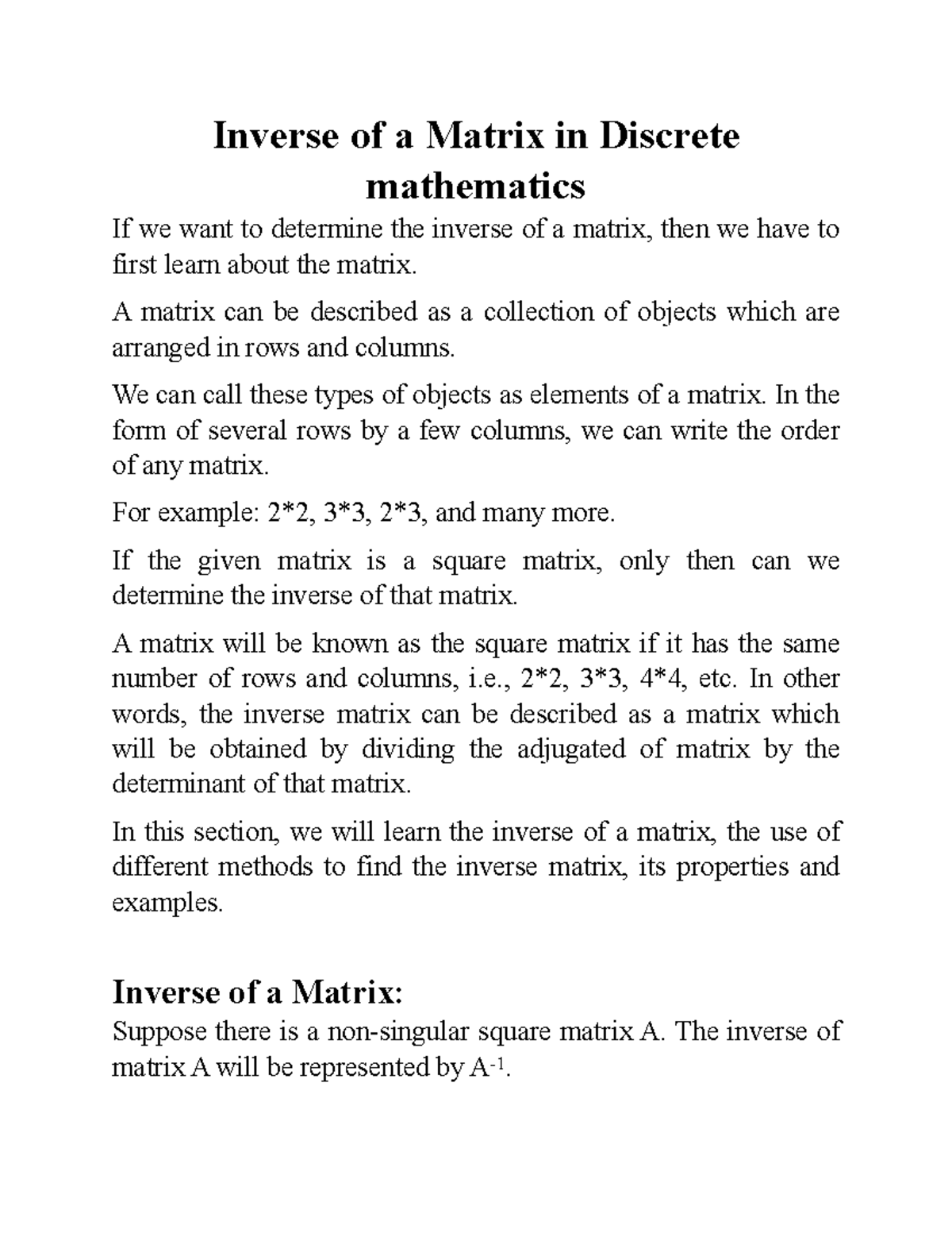 Inverse of Matrix - Notes For Revision - Inverse of a Matrix in ...