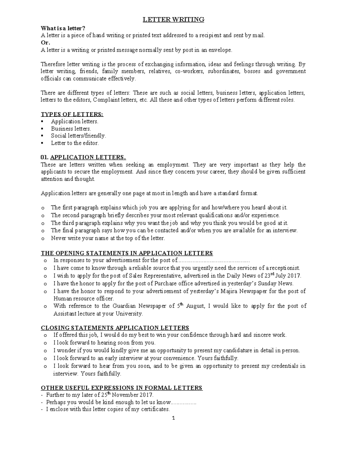 Notes English general - LETTER WRITING What is a letter? A letter is a ...