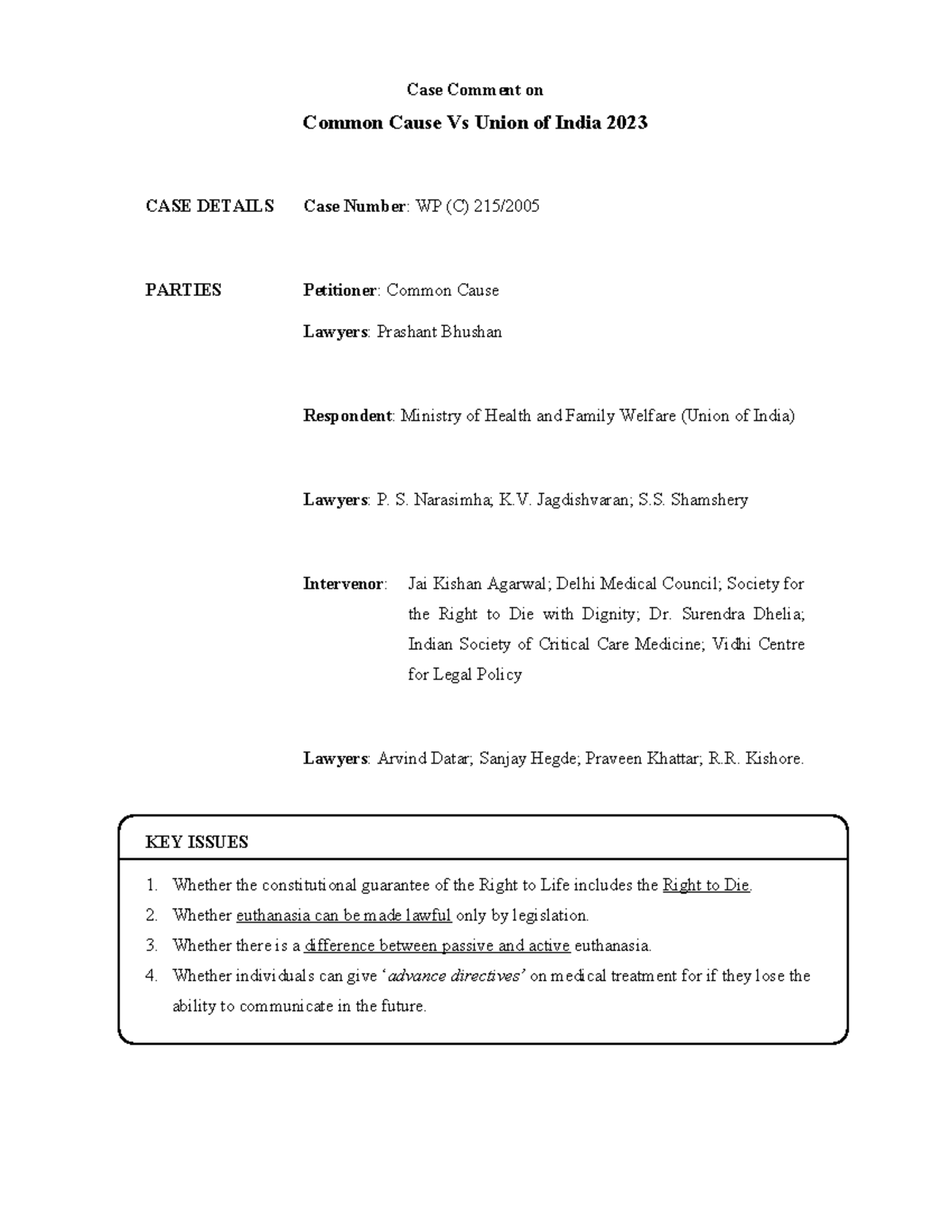 Case Comment - Common Cause Vs Union of India 2023 - S. Narasimha; K ...