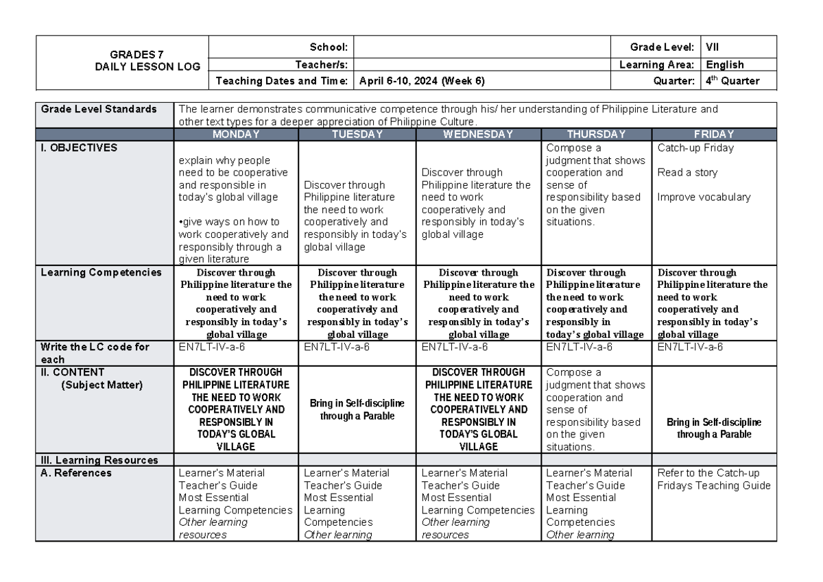 Q4-week6-eng - Daily Lesson Log English 7 - GRADES 7 DAILY LESSON LOG ...