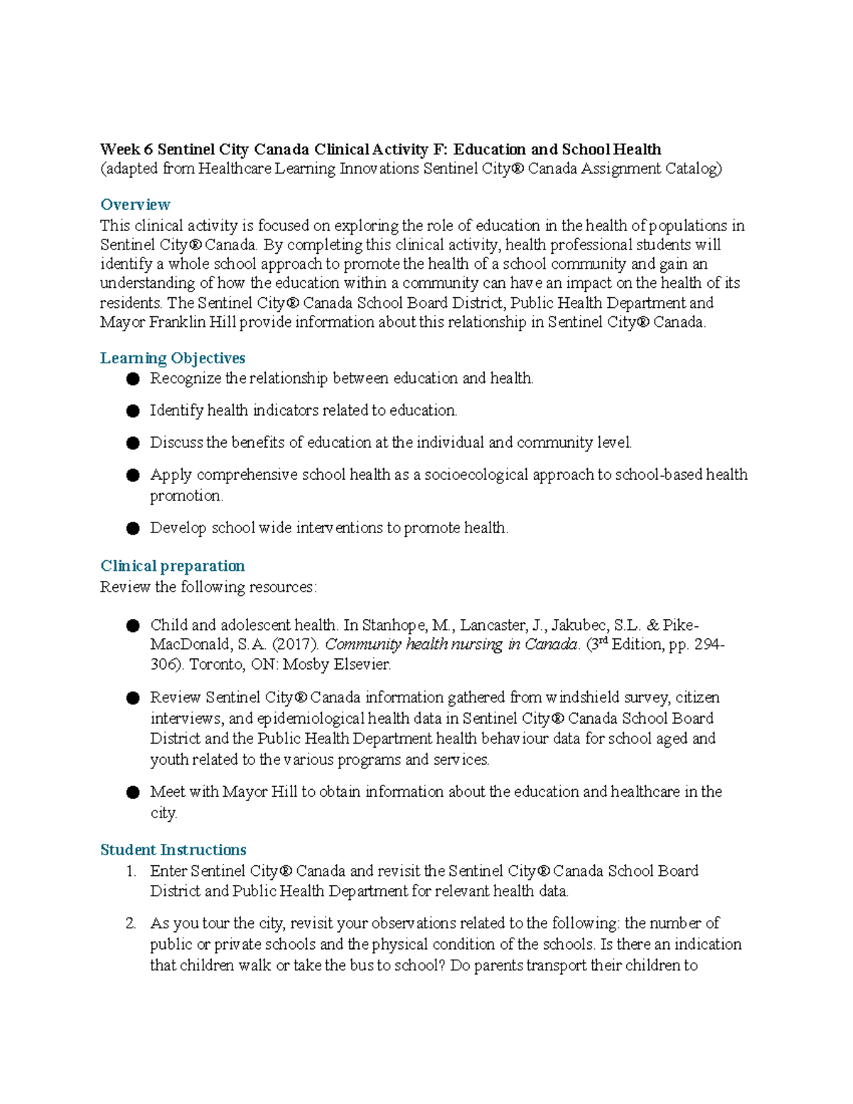 Sentinel City Community Activity - Week 6 Sentinel City Canada Clinical ...