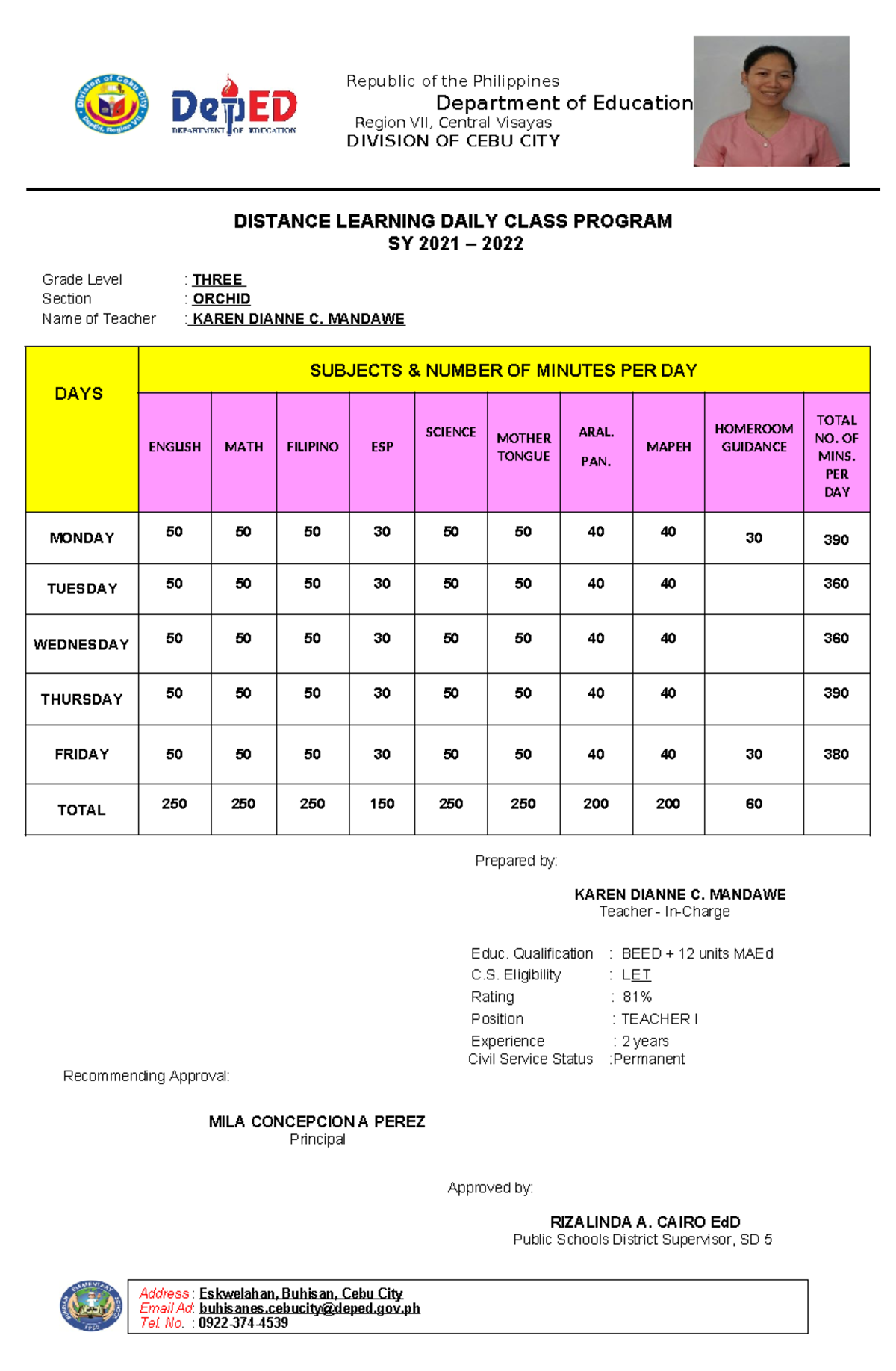Mandawe- Class Program - Republic of the Philippines Department of ...